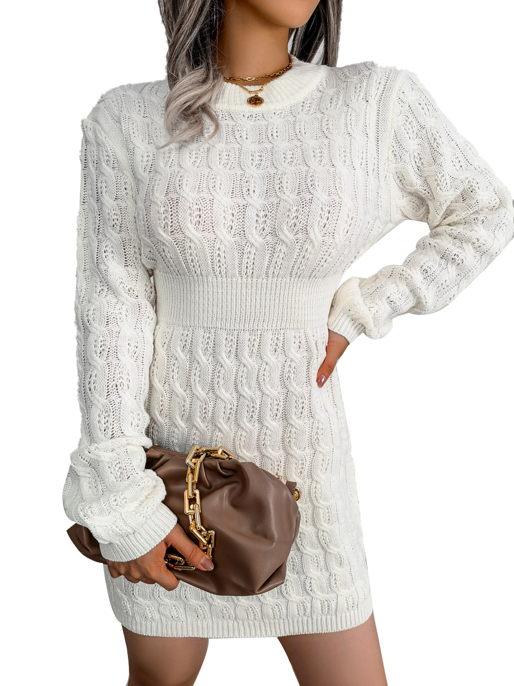 Women White Pullover Jewel Neck Layered Sweaters Dress - LOASP