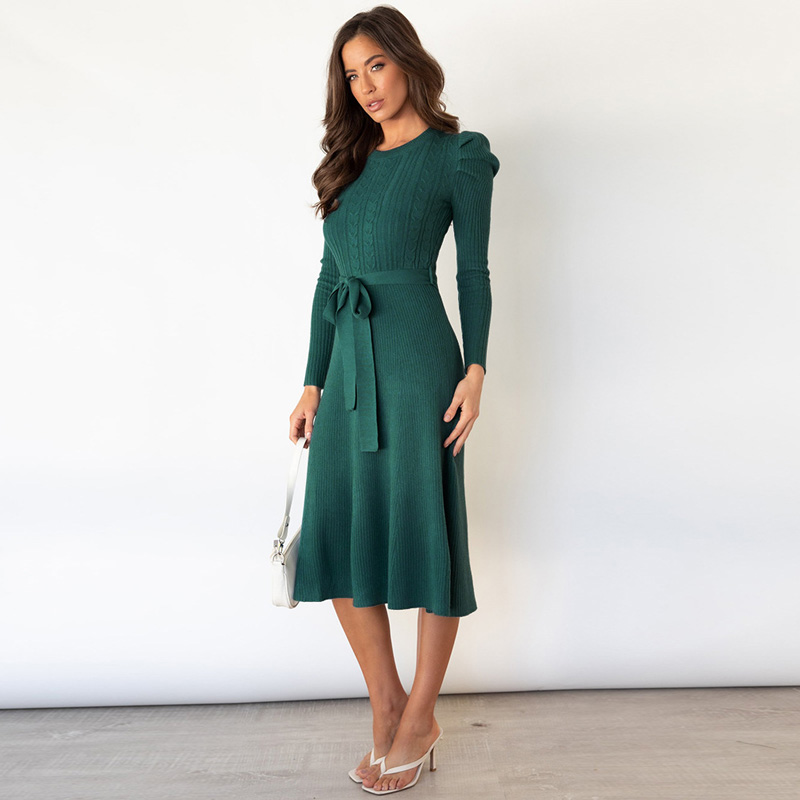 Charming Women's Green Polyester Long Sleeves Jewel Neck Sweater Dress ...