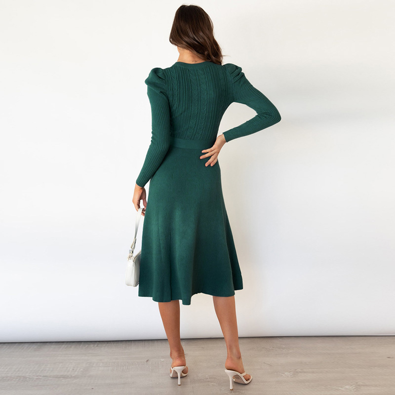 Charming Women's Green Polyester Long Sleeves Jewel Neck Sweater Dress ...